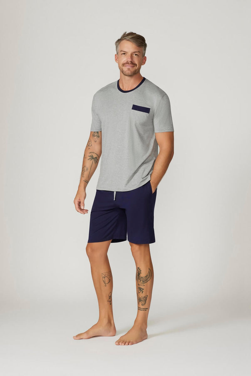 Contare Country Short Leg Bamboo Cotton Knit Pyjamas || Grey - Navy ...