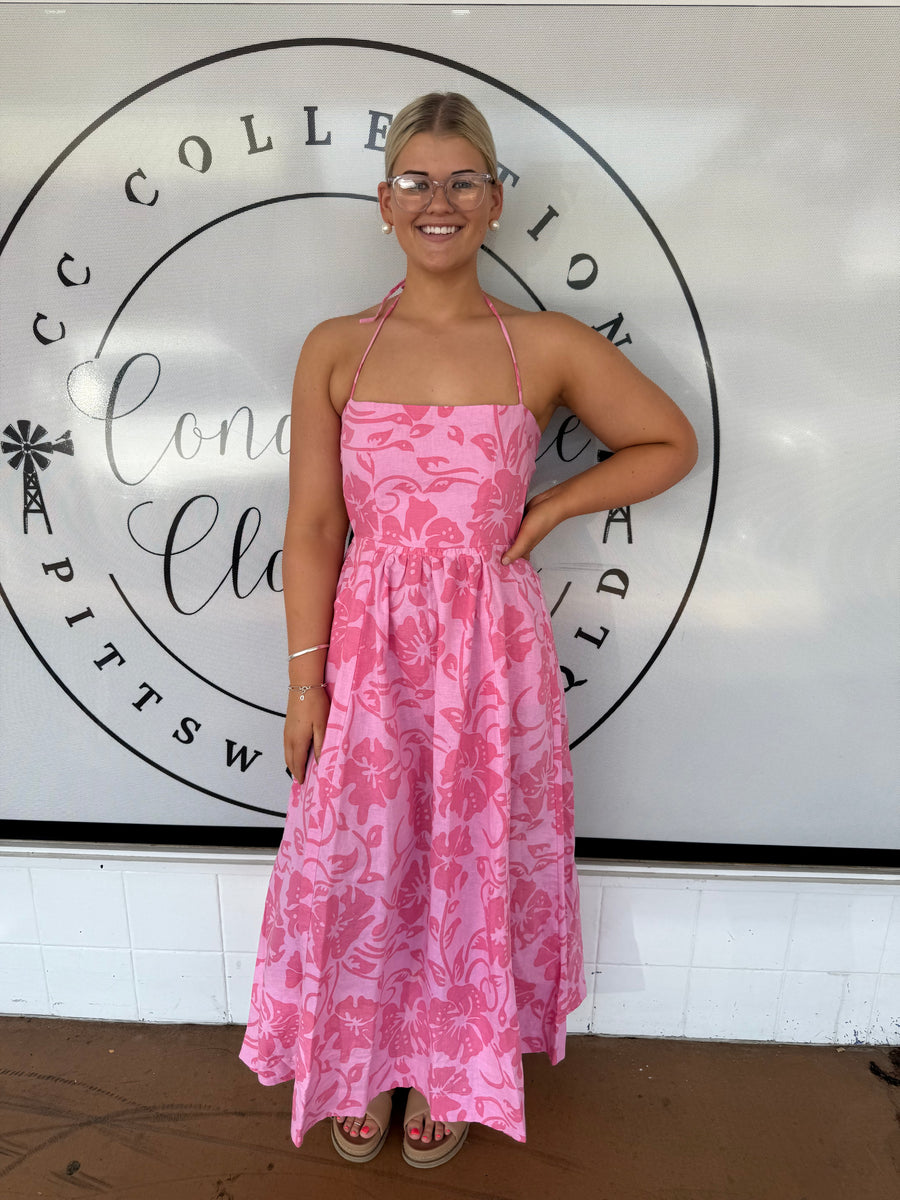 LJC Coolum Dress Printed Linen Pink Hibiscus | Adjustable Tie Maxi ...