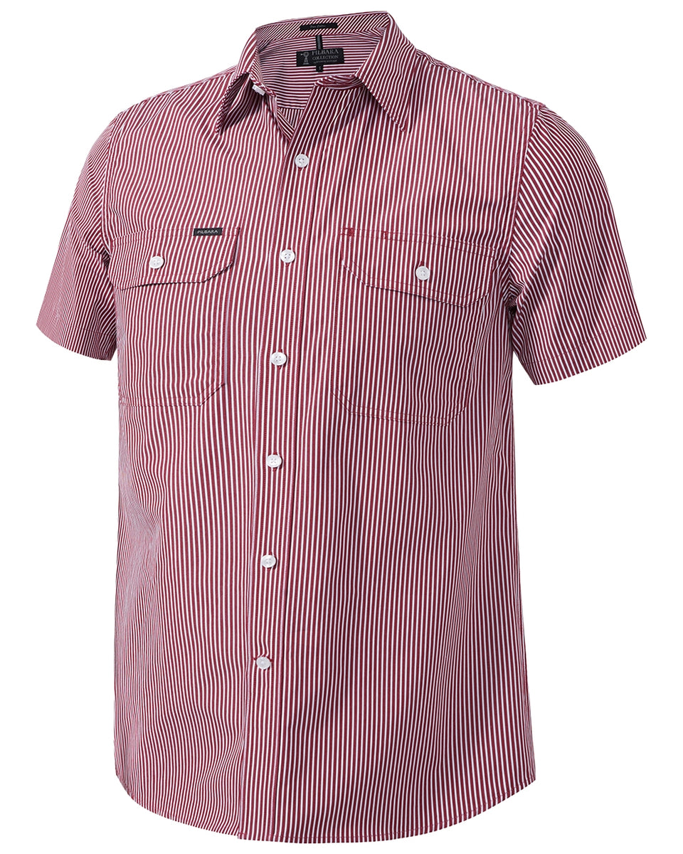 Pilbara Collection RMPC010S Men's S/S Stripe Shirt Dual Pocket Red/Gre ...